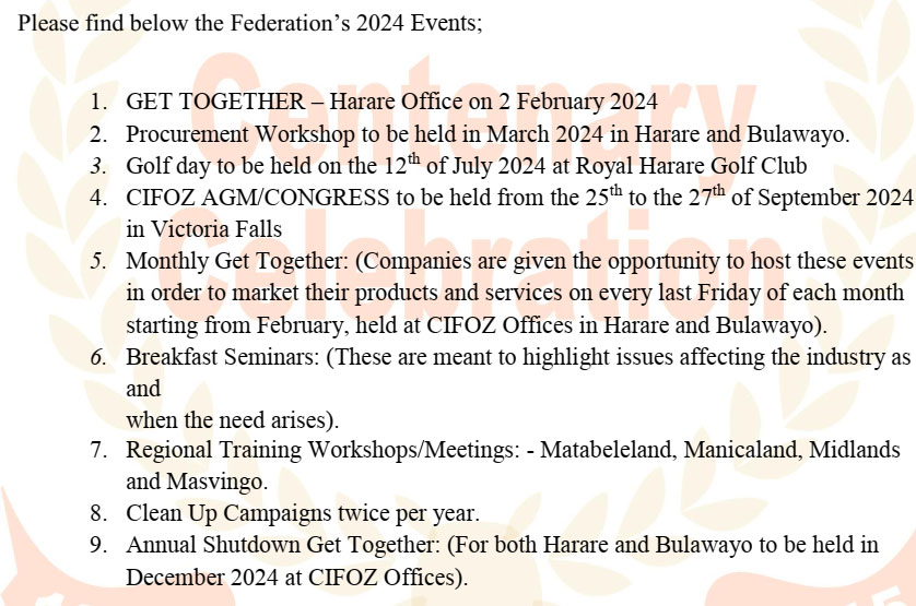 Up Coming Events - Construction Industry Federation of Zimbabwe